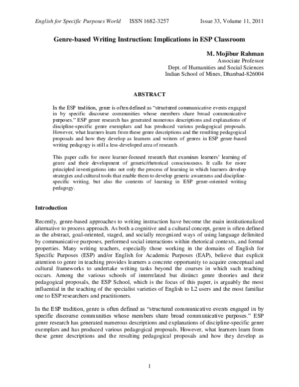 Pdf Genre Based Writing Instruction Implications In Esp Classroom