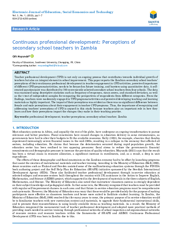 (PDF) Continuous professional development: Perceptions of secondary school teachers in Zambia