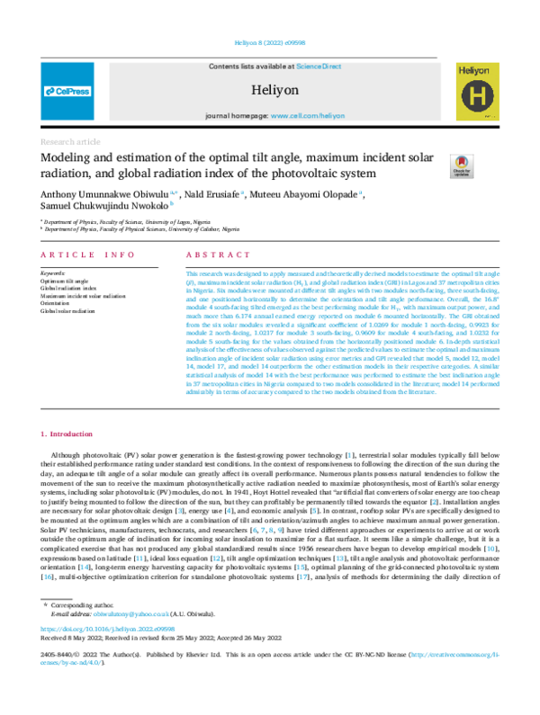 (PDF) Modeling and estimation of the optimal tilt angle, maximum ...