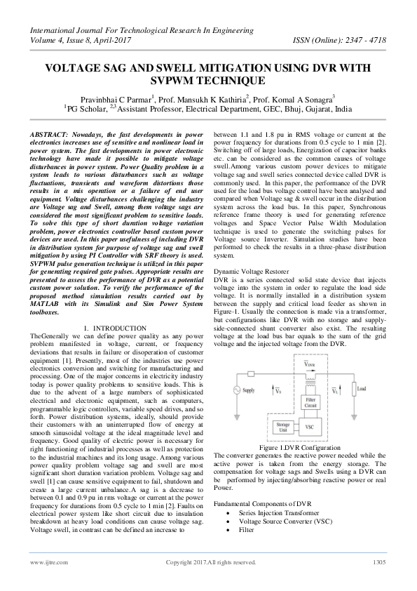 (PDF) Voltage Sag and Swell Mitigation Using DVR with SVPWM Technique