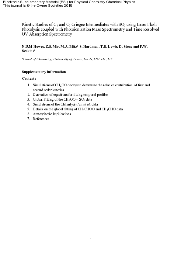 (PDF) Kinetic studies of C1 and C2 Criegee intermediates with SO2 using ...