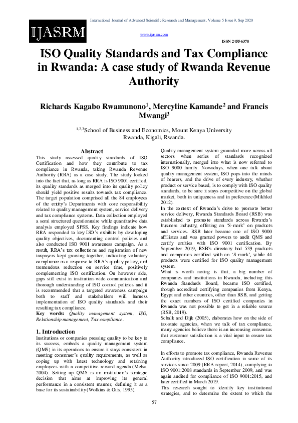 (PDF) ISO Quality Standards and Tax Compliance in Rwanda: A case study ...