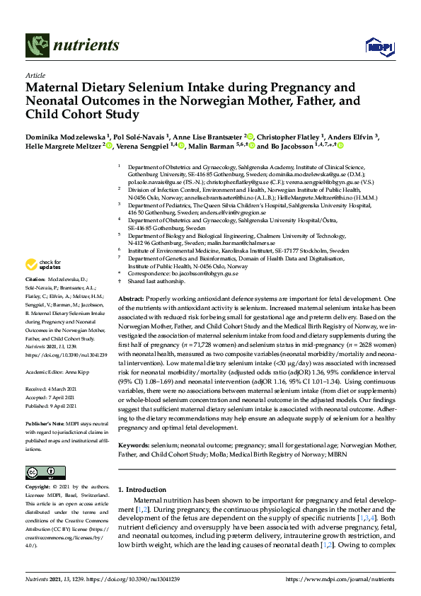 (PDF) Maternal Dietary Selenium Intake during Pregnancy and Neonatal Outcomes in the Norwegian ...