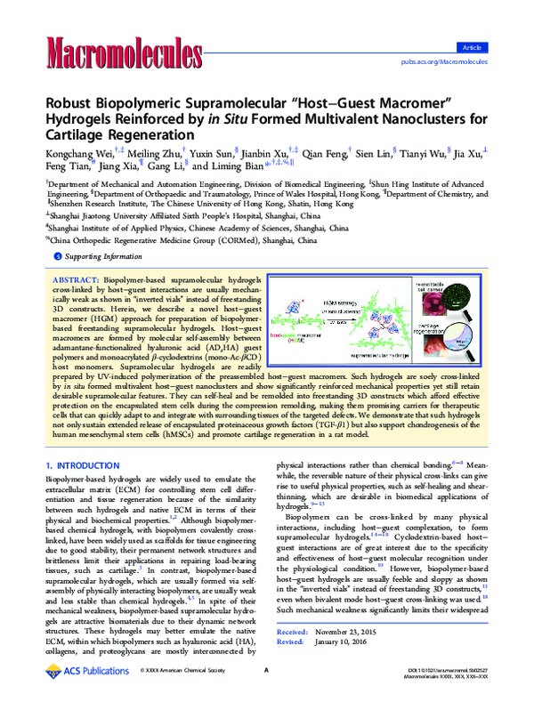 (PDF) Robust Biopolymeric Supramolecular “Host−Guest Macromer” Hydrogels Reinforced by in Situ ...