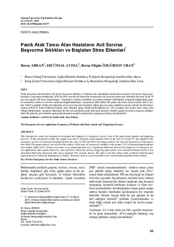 (PDF) Pani̇k Atak Tanisi Alan Hastalarin Aci̇l Servi̇se Başvurma Sikliklari Ve Başlatan Stres ...