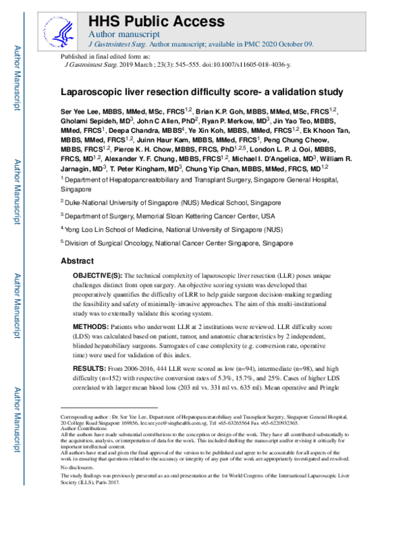 (PDF) Validation of Laparoscopic Liver Resection Difficulty Score