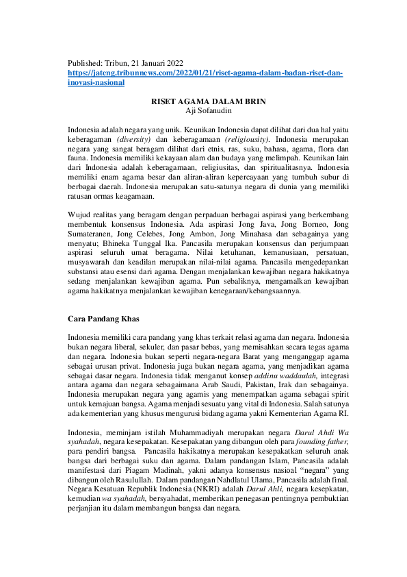 (PDF) Riset Agama dalam BRIN