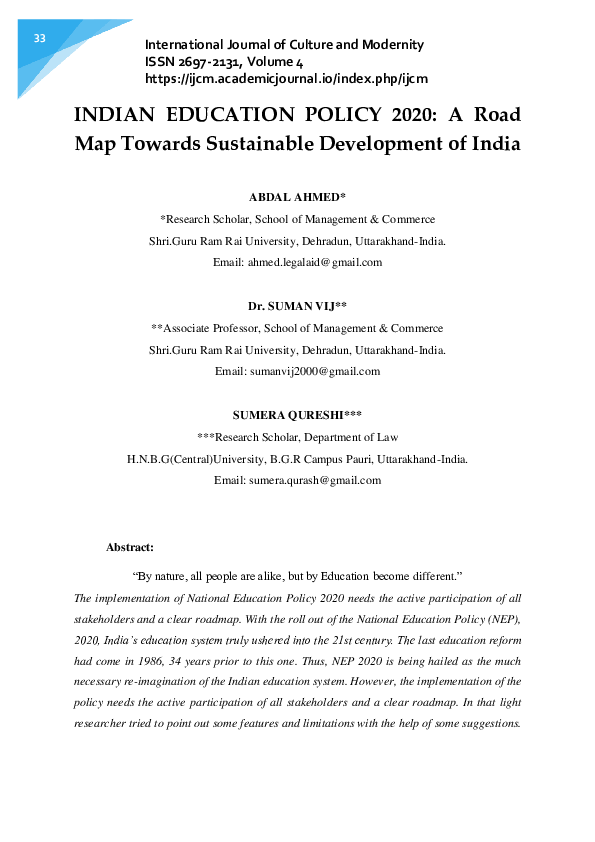 (PDF) INDIAN EDUCATION POLICY 2020: A Road Map Towards Sustainable ...