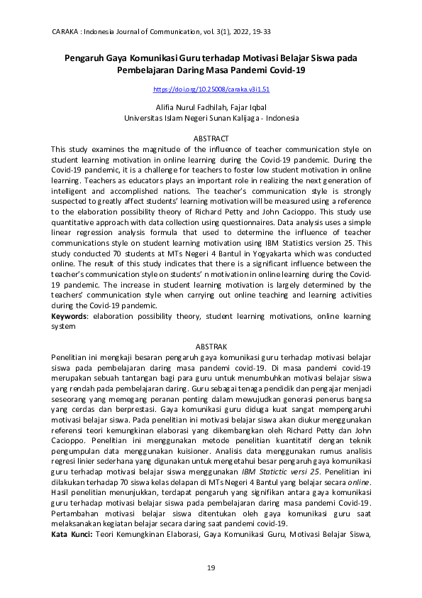 (PDF) Pengaruh Gaya Komunikasi Guru terhadap Motivasi Belajar Siswa pada Pembelajaran Daring ...