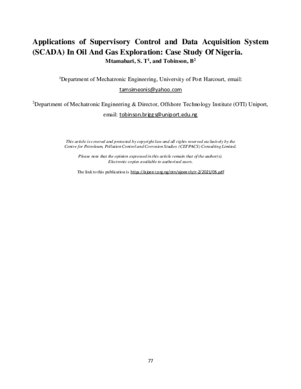 (PDF) Applications of Supervisory Control and Data Acquisition System (SCADA) In Oil And Gas ...