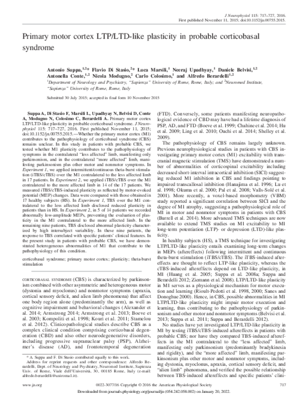 (PDF) Primary motor cortex LTP/LTD-like plasticity in probable ...
