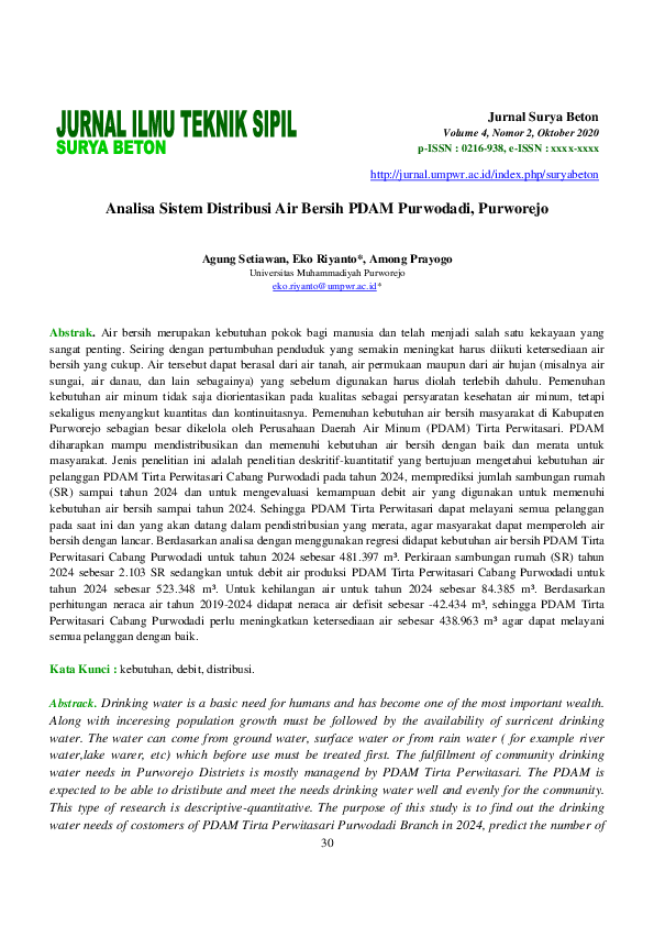 (PDF) Analisis Sistem Distribusi Air Bersih Pdam Purwodadi, Purworejo ...