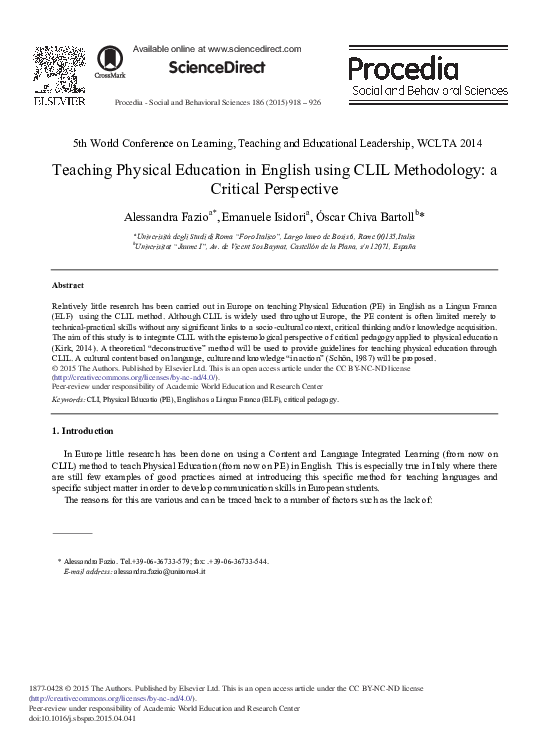 (PDF) Teaching Physical Education in English using CLIL Methodology: A Critical Perspective