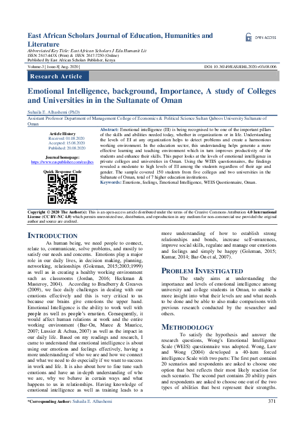 (PDF) Emotional Intelligence, background, Importance, A study of ...