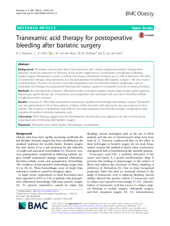 (PDF) Tranexamic acid therapy for postoperative bleeding after ...