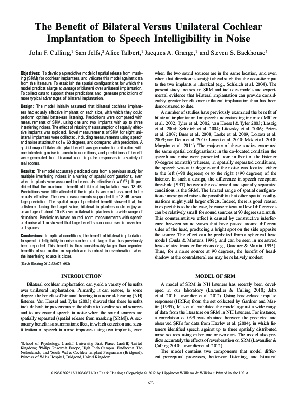 (PDF) The Benefit of Bilateral Versus Unilateral Cochlear Implantation ...