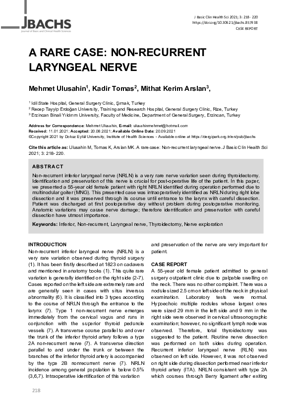 (PDF) A rare case: Non-recurrent laryngeal nerve
