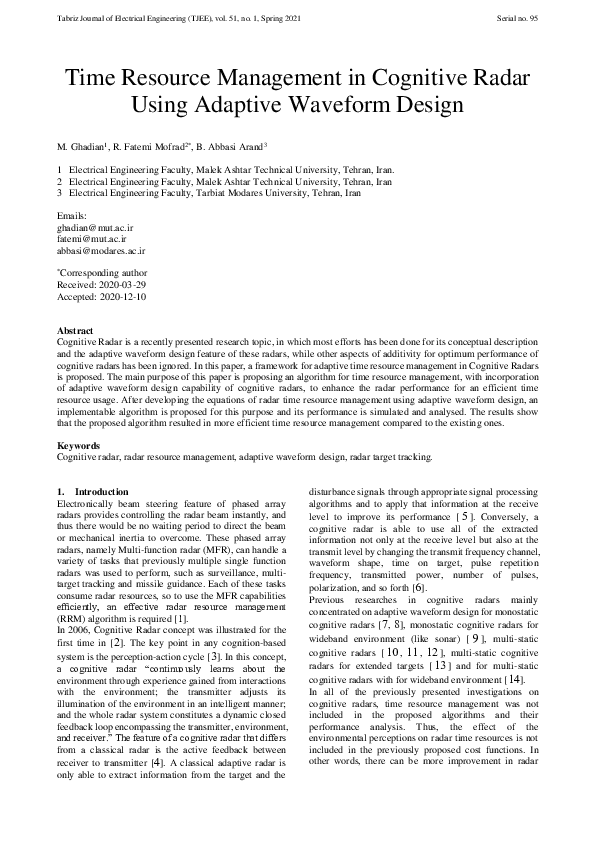 Pdf Time Resource Management In Cognitive Radar Using Adaptive Waveform Design