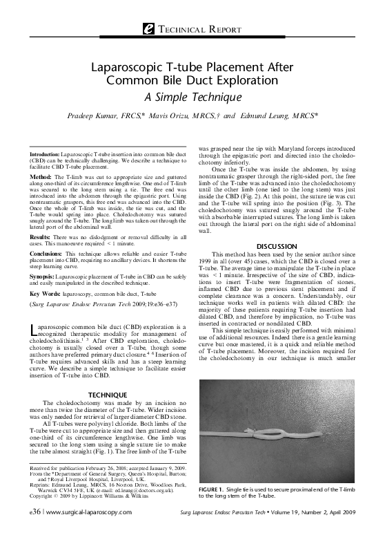 (PDF) Laparoscopic T-tube placement after common bile duct exploration ...