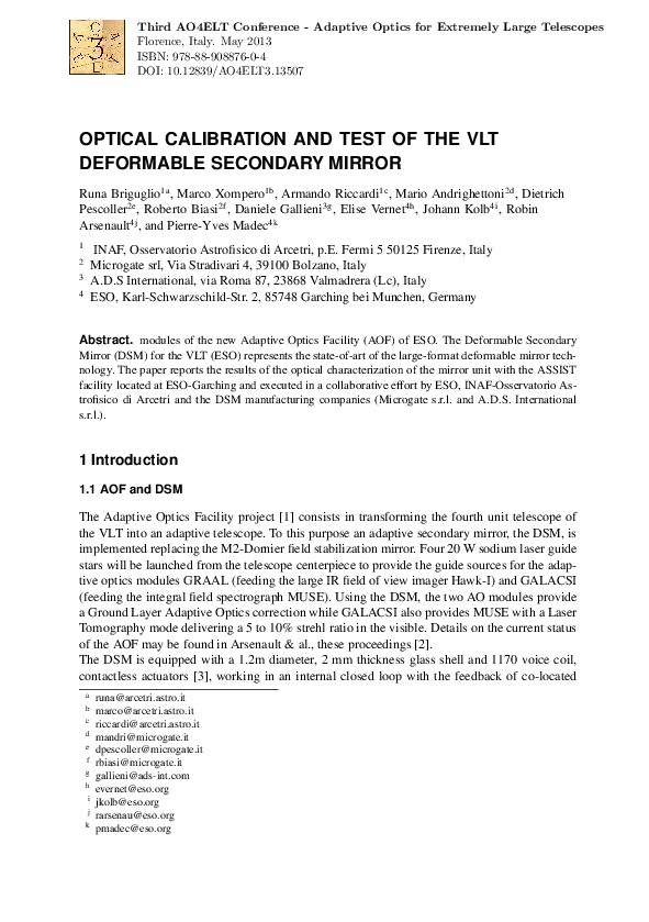 (PDF) Optical calibration and test of the VLT Deformable Secondary Mirror