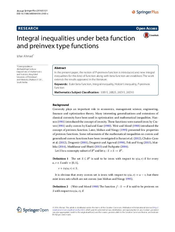 Pdf Integral Inequalities Under Beta Function And Preinvex Type Functions Izhar Ahmad