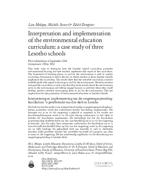(PDF) Interpretation and implementation of the environmental education curriculum : a case study ...