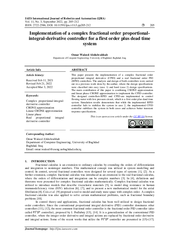 Pdf Implementation Of A Complex Fractional Order Proportionalintegral Derivative Controller