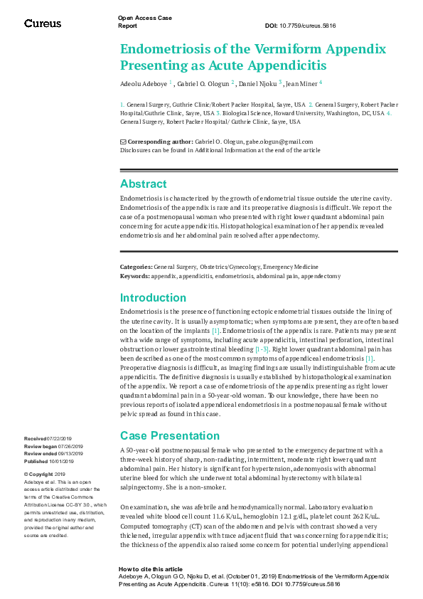 (PDF) Endometriosis of the Vermiform Appendix Presenting as Acute Appendicitis