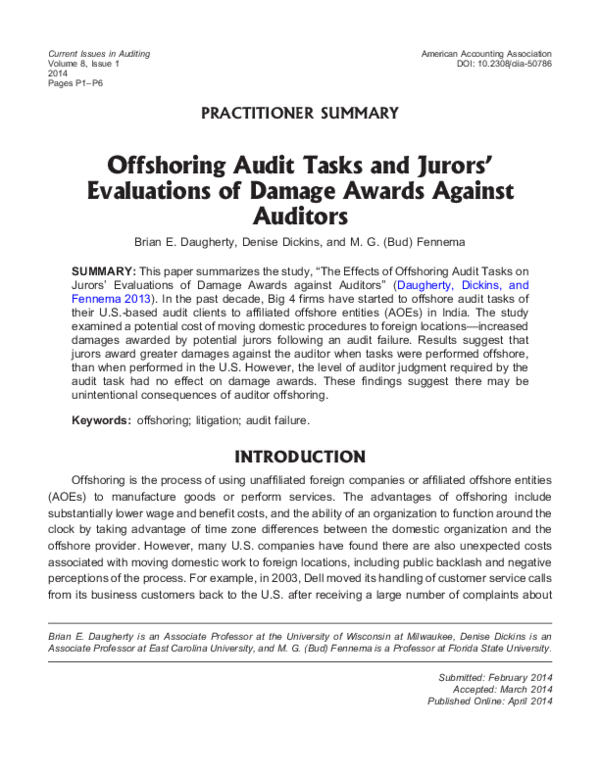 (PDF) Offshoring Audit Tasks and Jurors' Evaluations of Damage Awards ...
