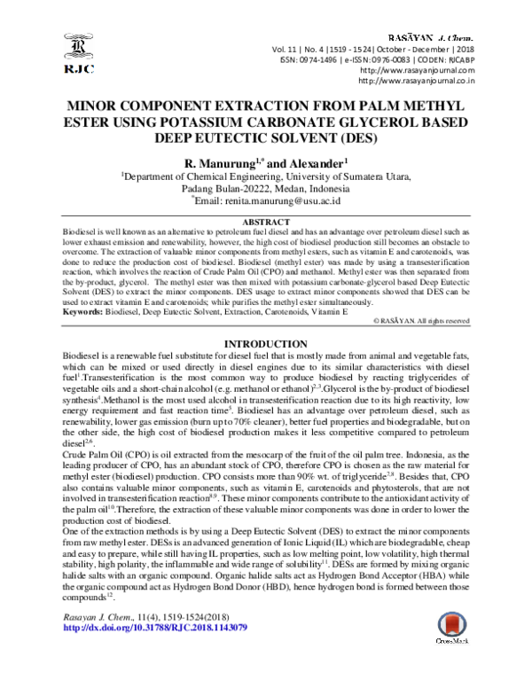 (PDF) Minor Component Extraction from Palm Methyl Ester Using Potassium Carbonate Glycerol Based ...
