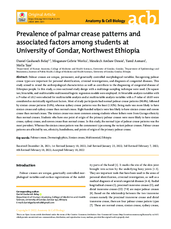 (PDF) Prevalence of palmar crease patterns and associated factors among ...