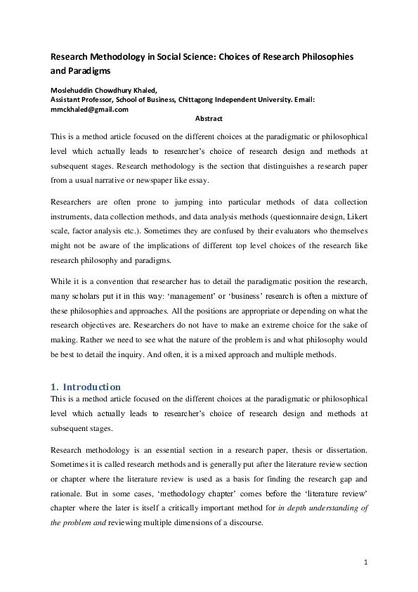 (PDF) Research Methodology in Social Science: Choices of Research Philosophies and Paradigms