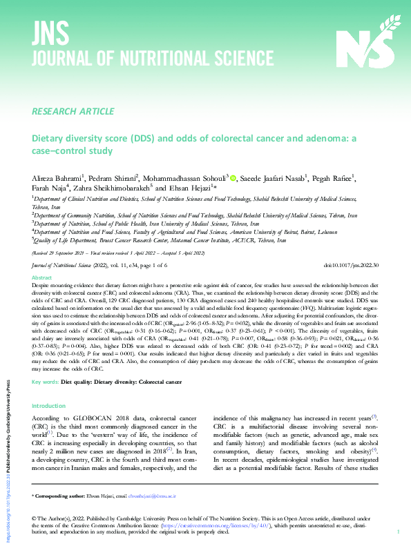 (PDF) Dietary diversity score (DDS) and odds of colorectal cancer and ...