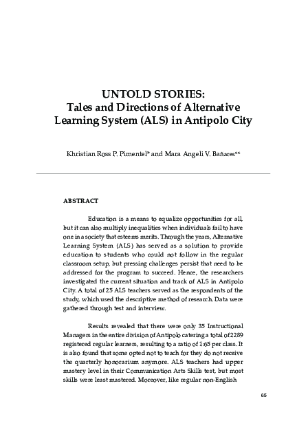 (PDF) Tales and Directions of Alternative Learning System (ALS) in Antipolo City