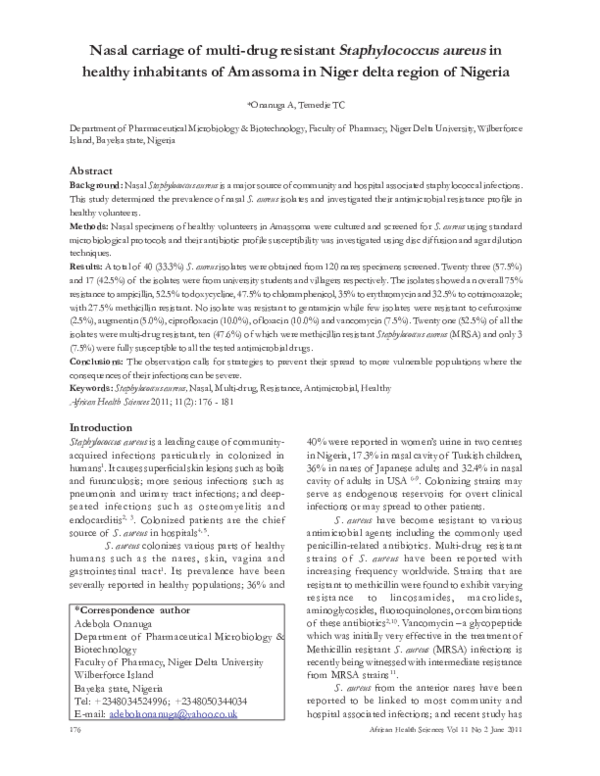 (PDF) Nasal carriage of multi-drug resistant Staphylococcus aureus in healthy inhabitants of ...