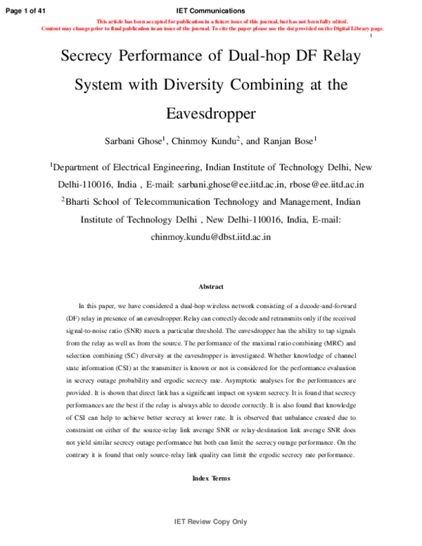 Pdf Secrecy Performance Of Dual Hop Df Relay System With Diversity Combining At The Eavesdropper