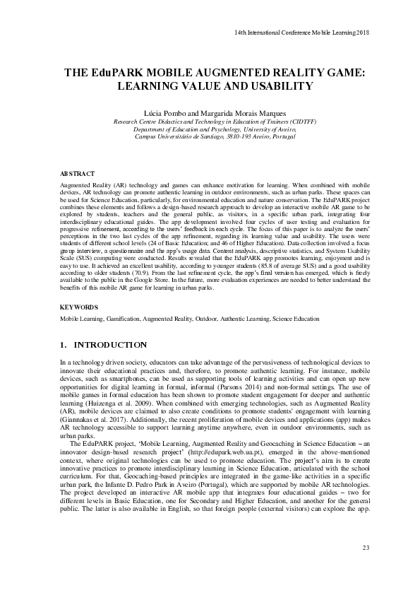 Pdf The Edupark Mobile Augmented Reality Game Learning Value And