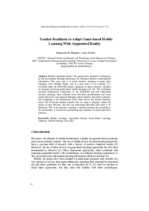 (PDF) Teacher readiness to adopt game-based mobile learning with augmented reality
