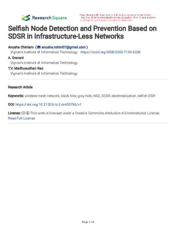 (PDF) Selfish Node Detection and Prevention Based on SDSR in Infrastructure-Less Networks