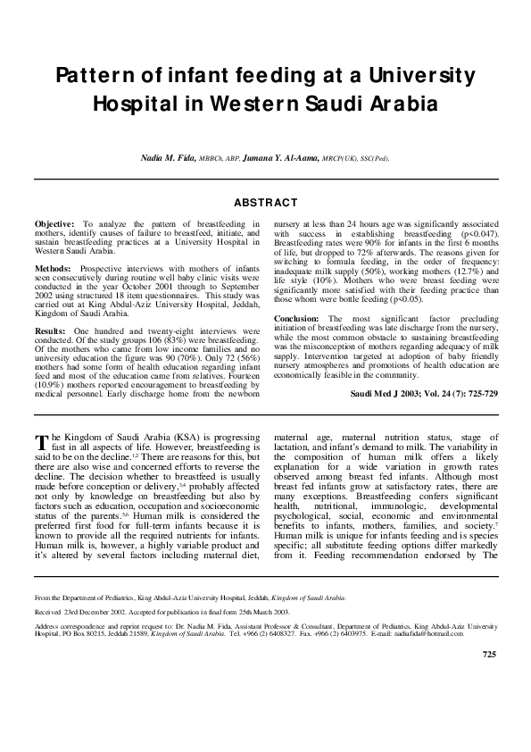(PDF) Pattern of infant feeding at a University Hospital in Western ...