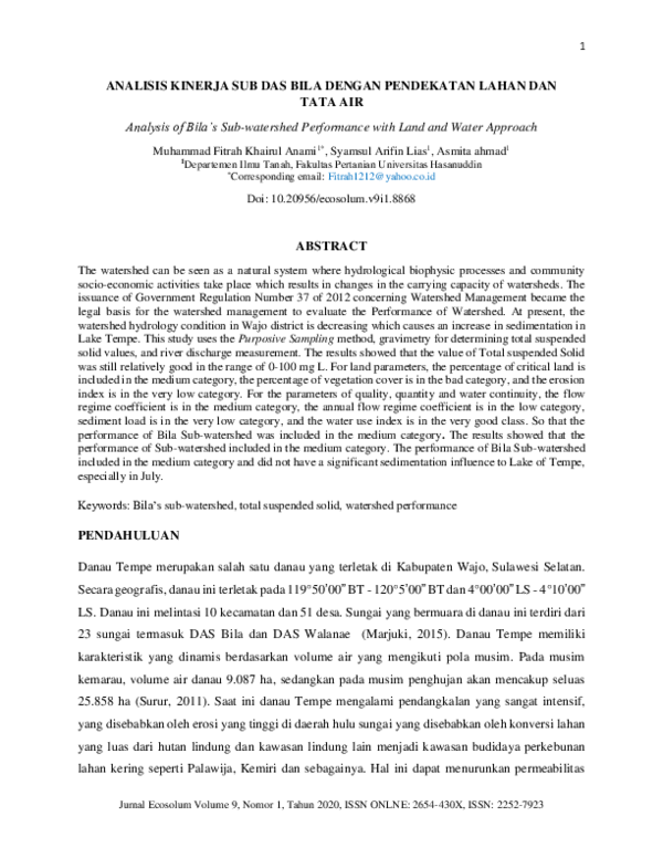 (PDF) Analisis Kinerja Sub DAS Bila dengan Pendekatan lahan dan Tata ...