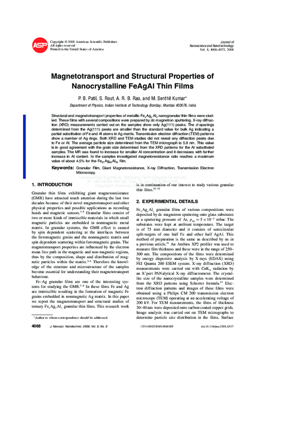 (PDF) Magnetotransport and Structural Properties of Nanocrystalline FeAgAl Thin Films | Rami ...