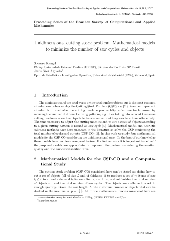 (PDF) Unidimensional cutting stock problem: Mathematical models to ...