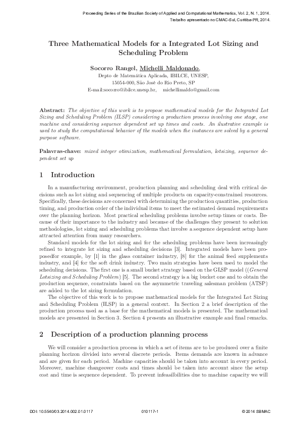 Pdf Three Mathematical Models For A Integrated Lot Sizing And Scheduling Problem Socorro