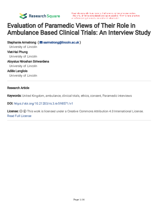 (PDF) Evaluation of Paramedic Views of Their Role in Ambulance Based ...