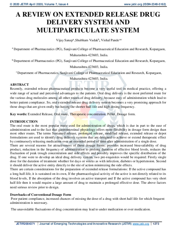 Pdf A Review On Extended Release Drug Delivery System And Multiparticulate System