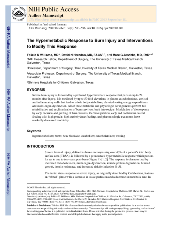 (PDF) The Hypermetabolic Response to Burn Injury and Interventions to ...