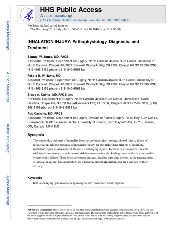 (PDF) Inhalation Injury: Pathophysiology, Diagnosis, and Treatment