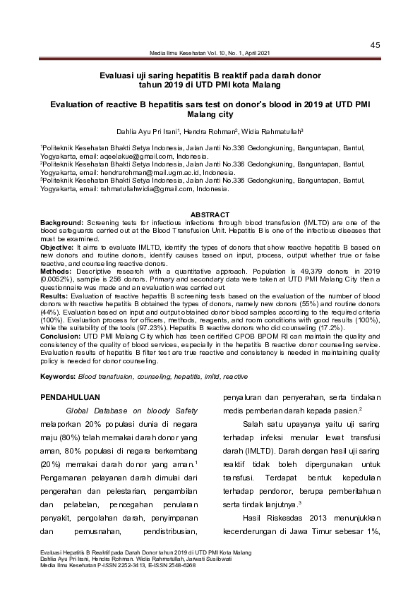 (PDF) Evaluasi uji saring hepatitis B reaktif pada darah donor tahun ...