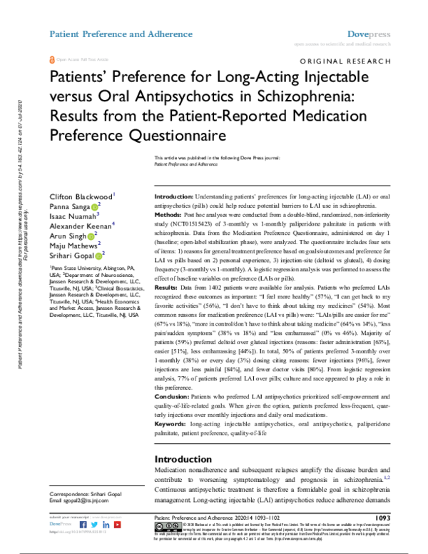 (PDF) Patients’ Preference for Long-Acting Injectable versus Oral ...
